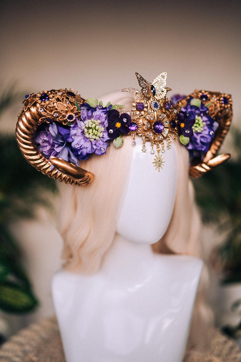 Aries Horn Crown, Purple Floral Ram Tiara, Celestial Headpiece - Etsy