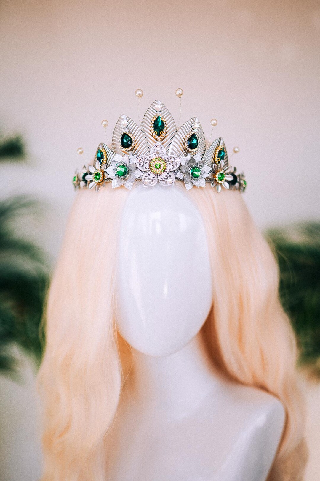 Princess Tiana Tiara, Green Crystal Crown, Silver Fairytale Headpiece ...