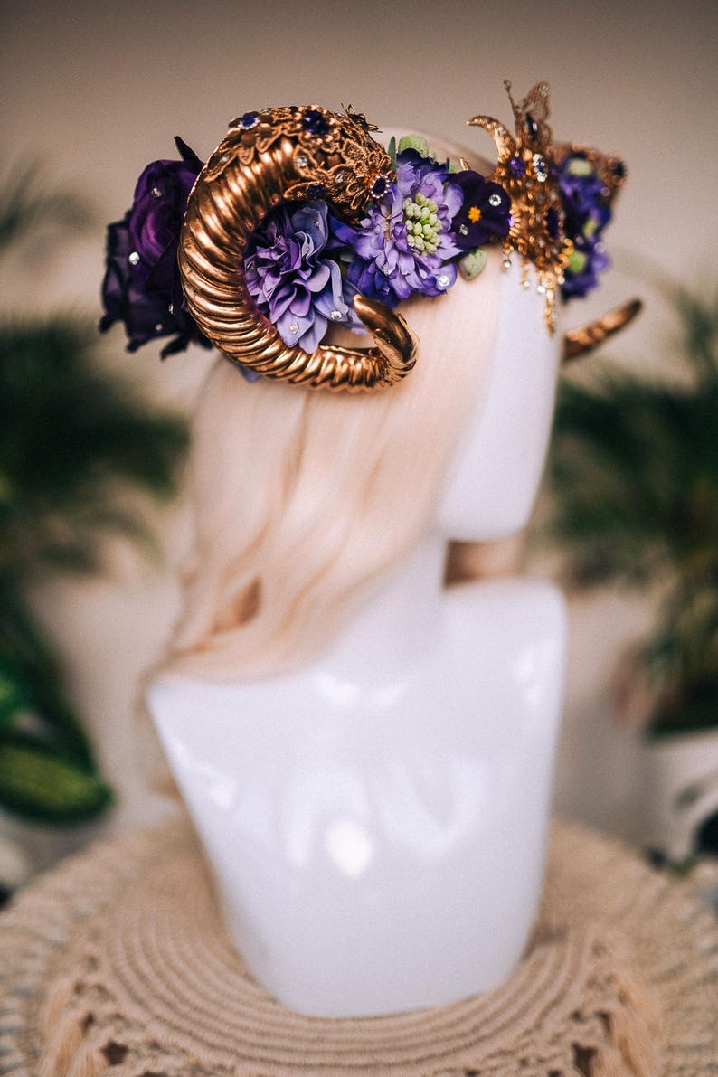 Aries Horn Crown, Purple Floral Ram Tiara, Celestial Headpiece - Etsy