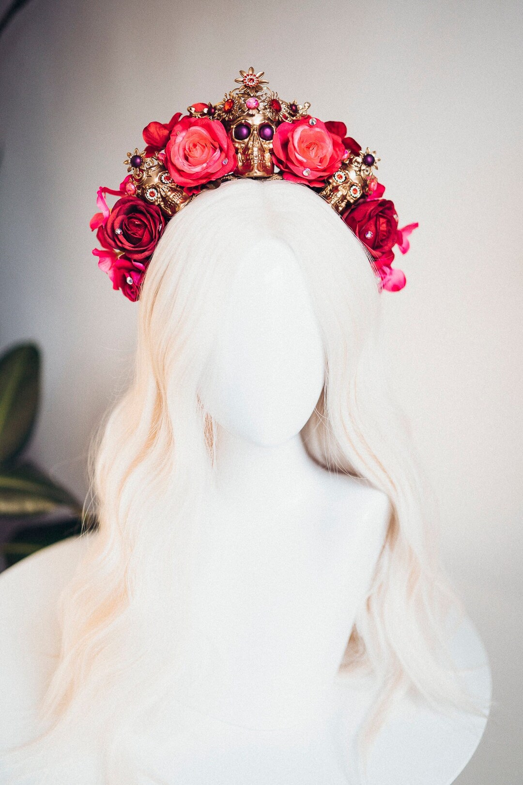 La Catrina Crown, Skull Tiara, Pink Red Flower Headpiece, Mexican ...