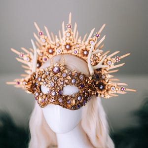 Gold Masquerade Mask Halloween Crown Deer Antler Mask and Crown Set ...
