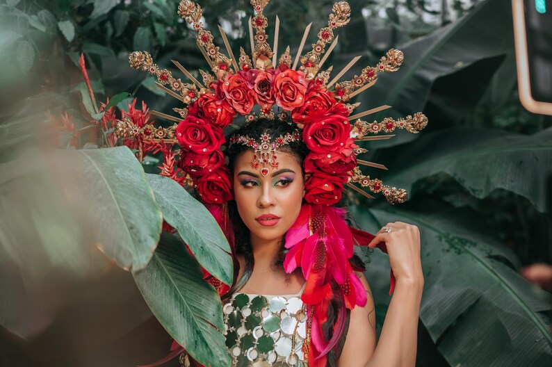 SALE Red Floral Masquerade Mask, Gold Showgirl Costume, Feather ...