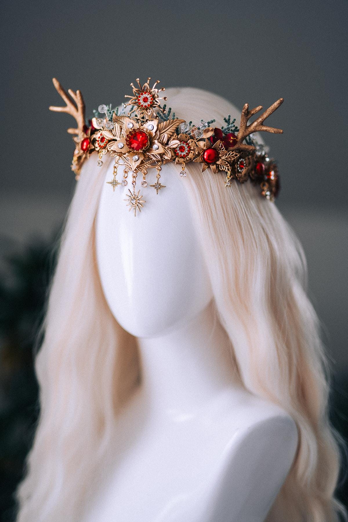 Red Gold Reindeer Christmas Crown Festive Holiday Headpiece Winter ...