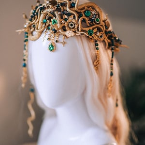 Medusa Snake Crown Gold Green Crystal Headpiece Halloween Goddess Halo ...