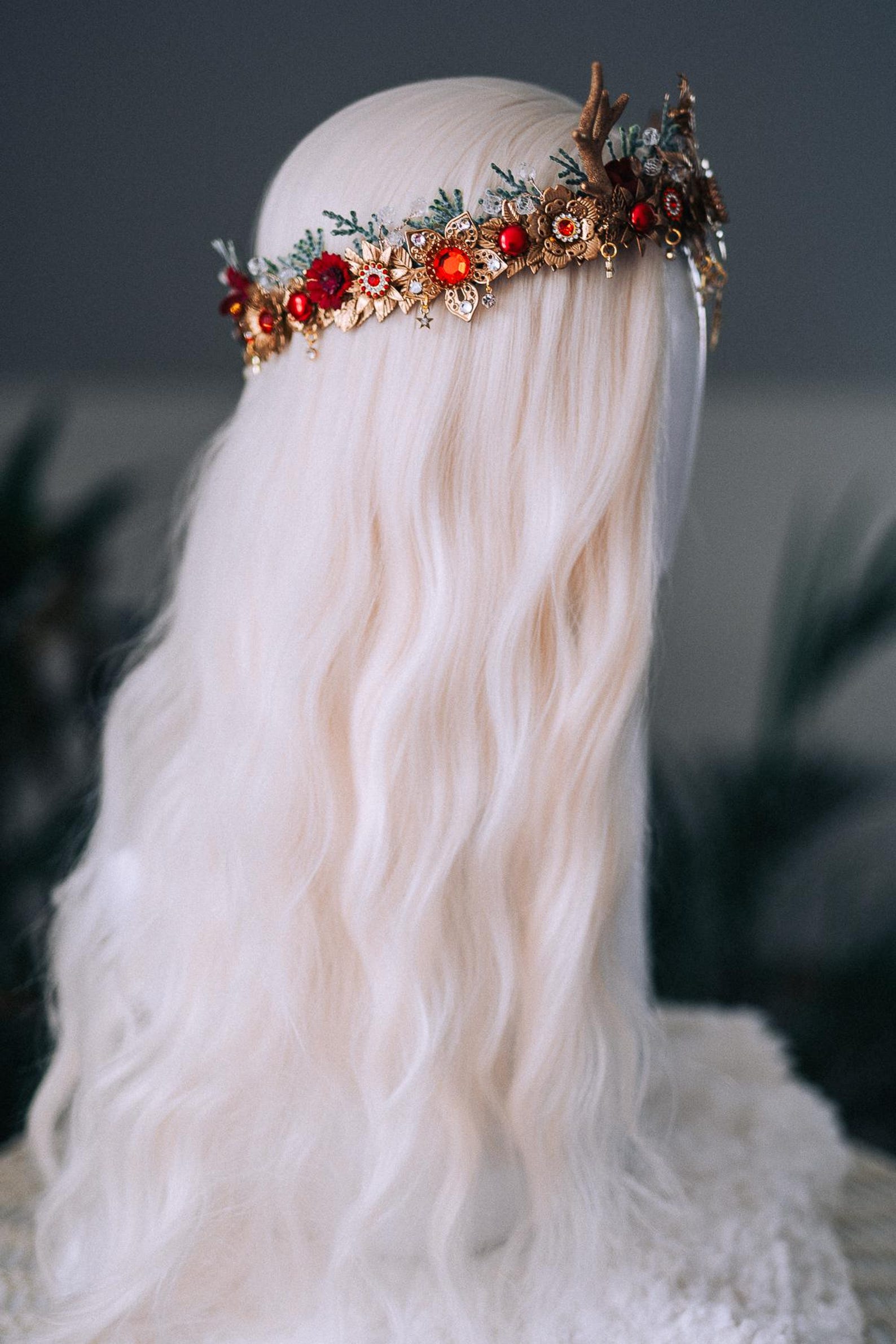 Red Gold Reindeer Christmas Crown Festive Holiday Headpiece Winter ...
