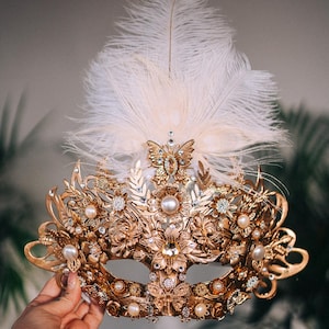 Golden Goddess Feather Masquerade Mask Pearl Embellished Luxury ...