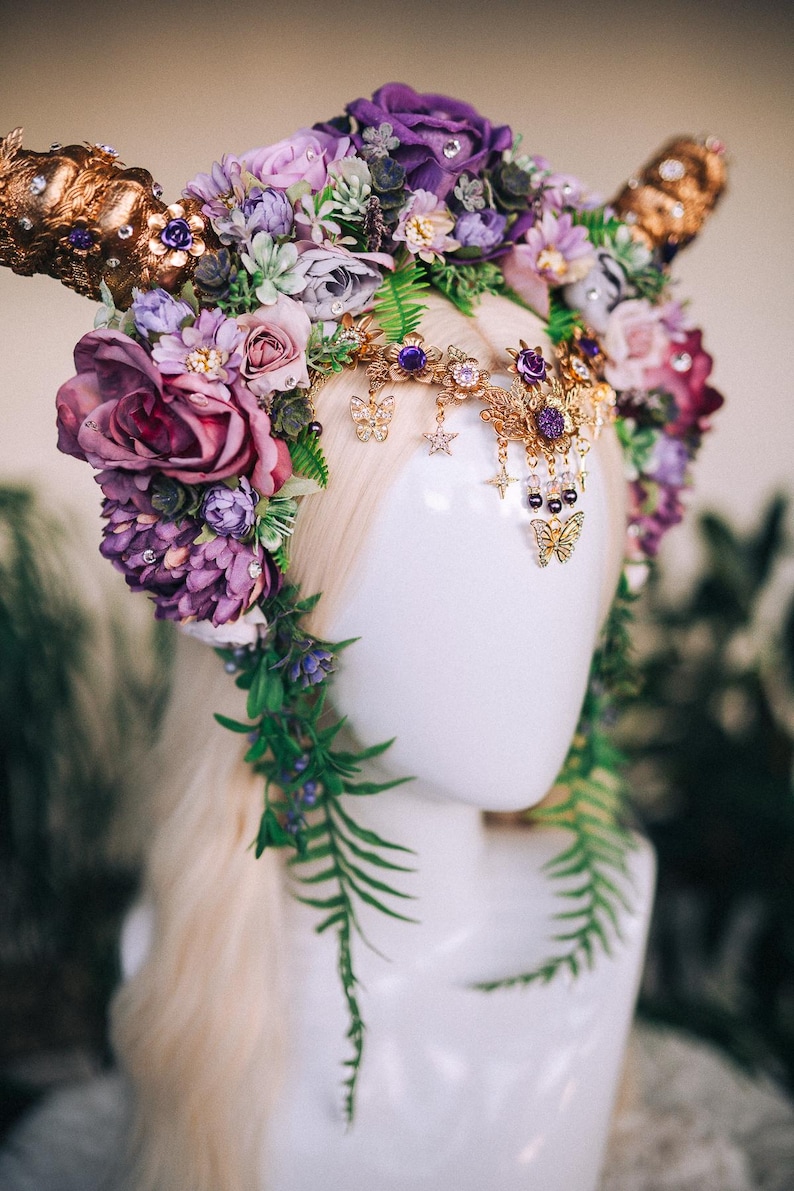 Capricorn Zodiac Horn Crown Floral Celestial Goddess Headpiece ...