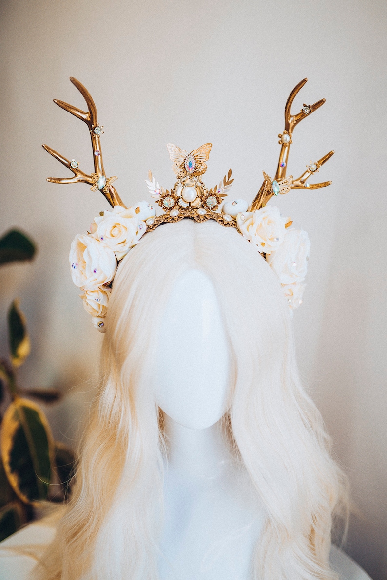 Gold Antler Flower Crown, Beige Tiara, Festival Headpiece - Etsy