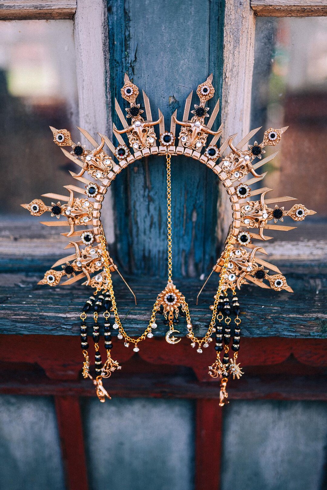 Taurus Crown, Black Gold Celestial Headpiece, Czech Pearls & Crystals ...