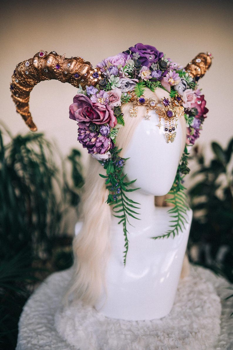 Capricorn Zodiac Horn Crown Floral Celestial Goddess Headpiece ...