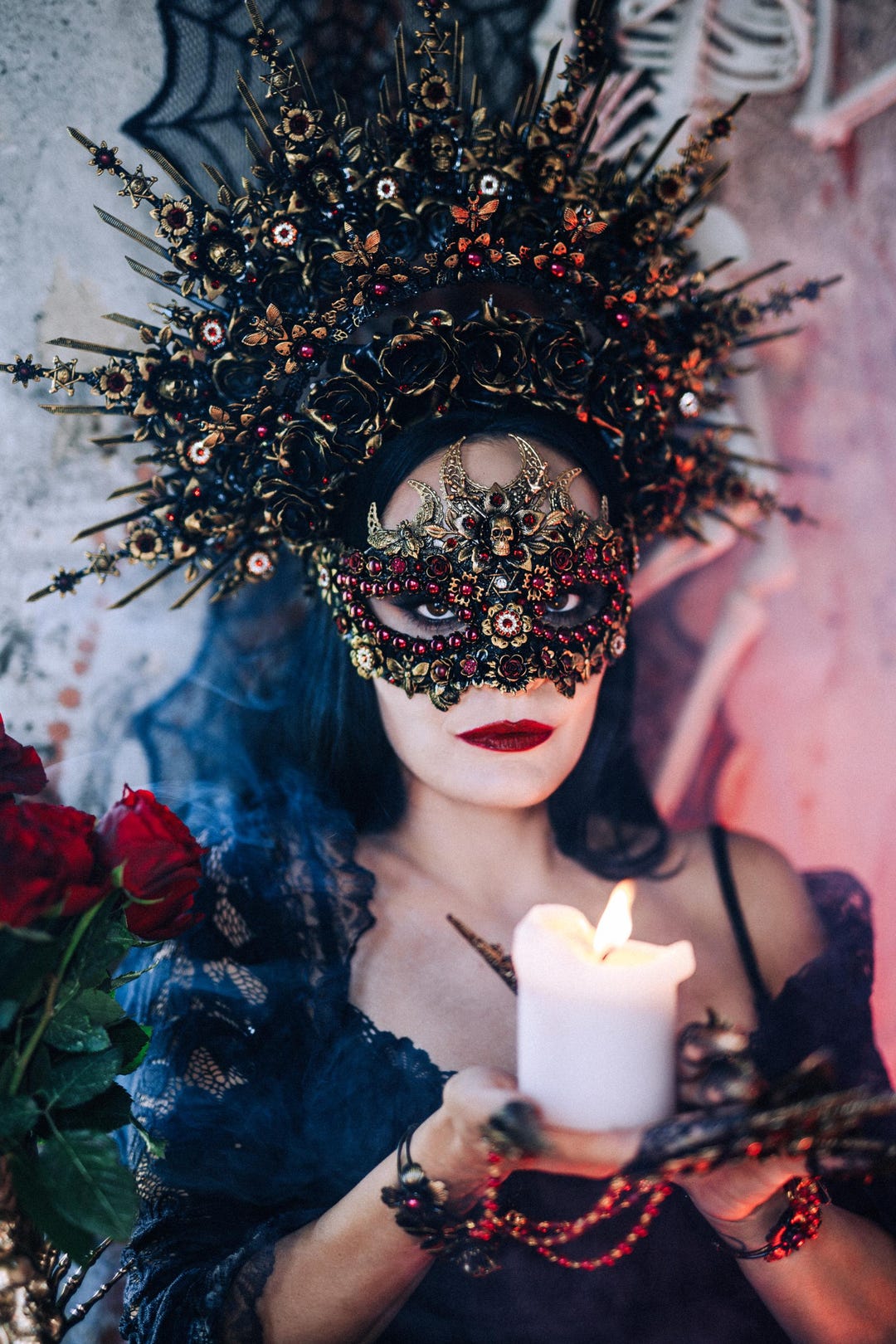 Gothic Morticia Addams Mask Red Crystal Skull Dark Queen Halloween ...