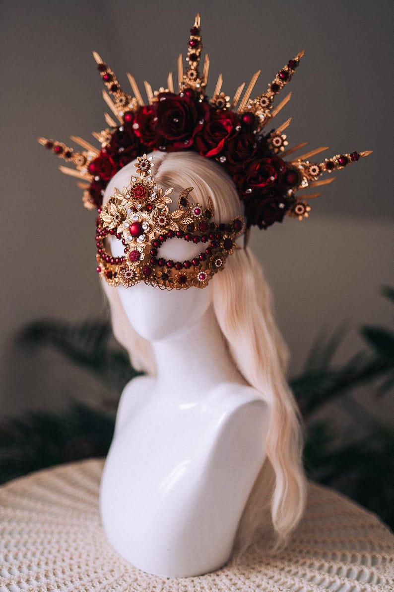 Burgundy Gold Goddess Masquerade Mask With Halo Crown – Venetian ...