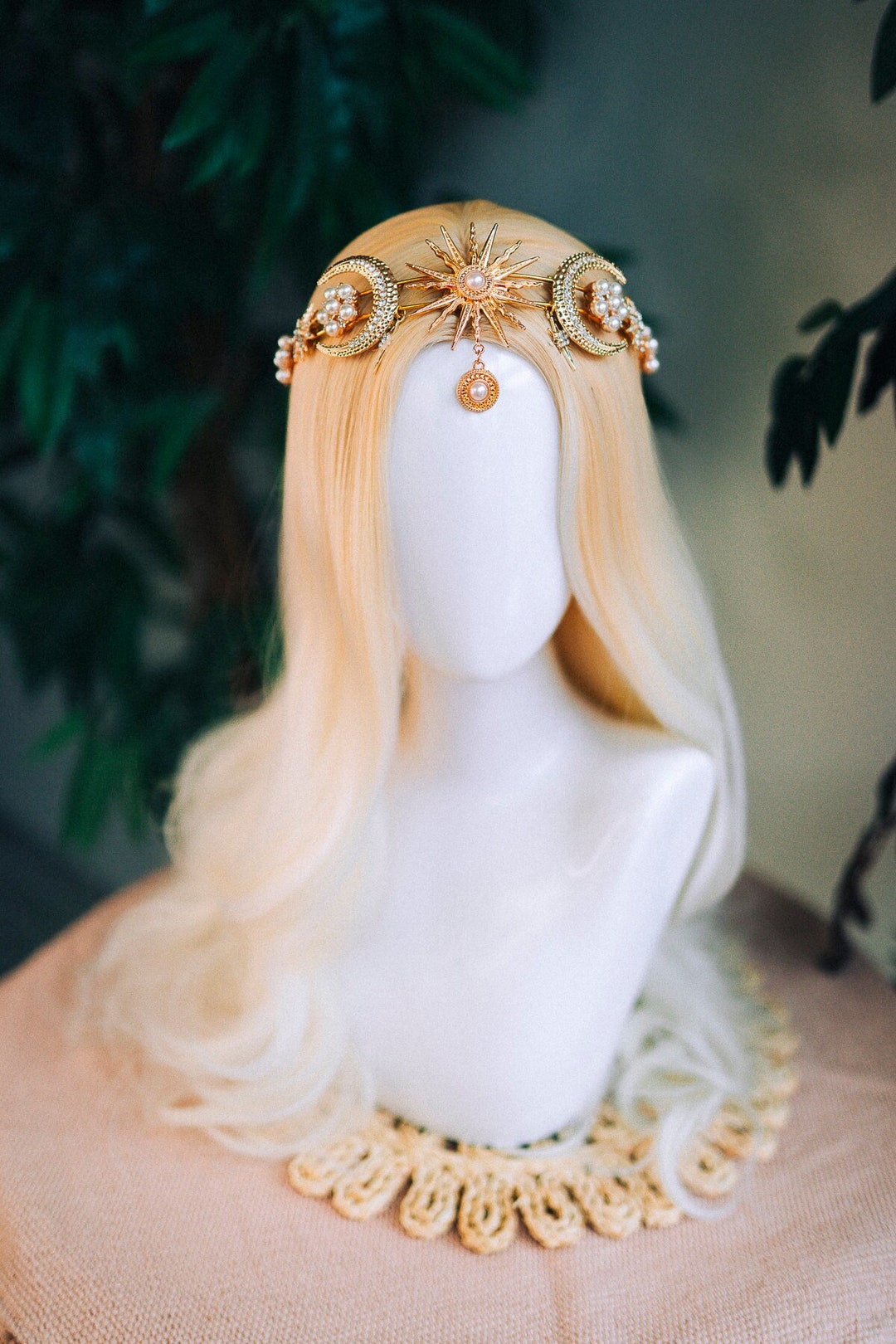 Moon Tiara, Celestial Wedding Headpiece, Gold Festival Tiara, Pearl ...