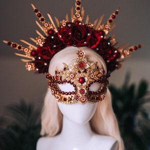 Burgundy Gold Goddess Masquerade Mask With Halo Crown – Venetian ...