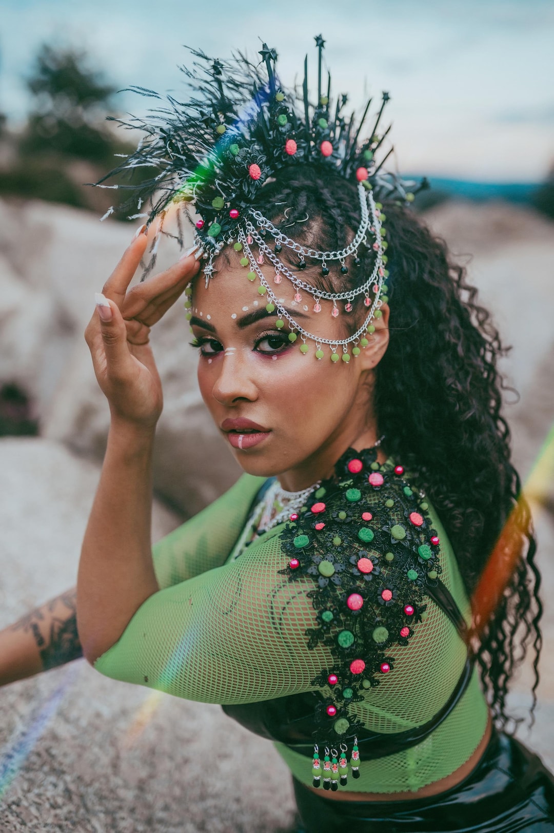 Neon Ritual Crown, Festival Headpiece, Feather Halo Crown, UV ...