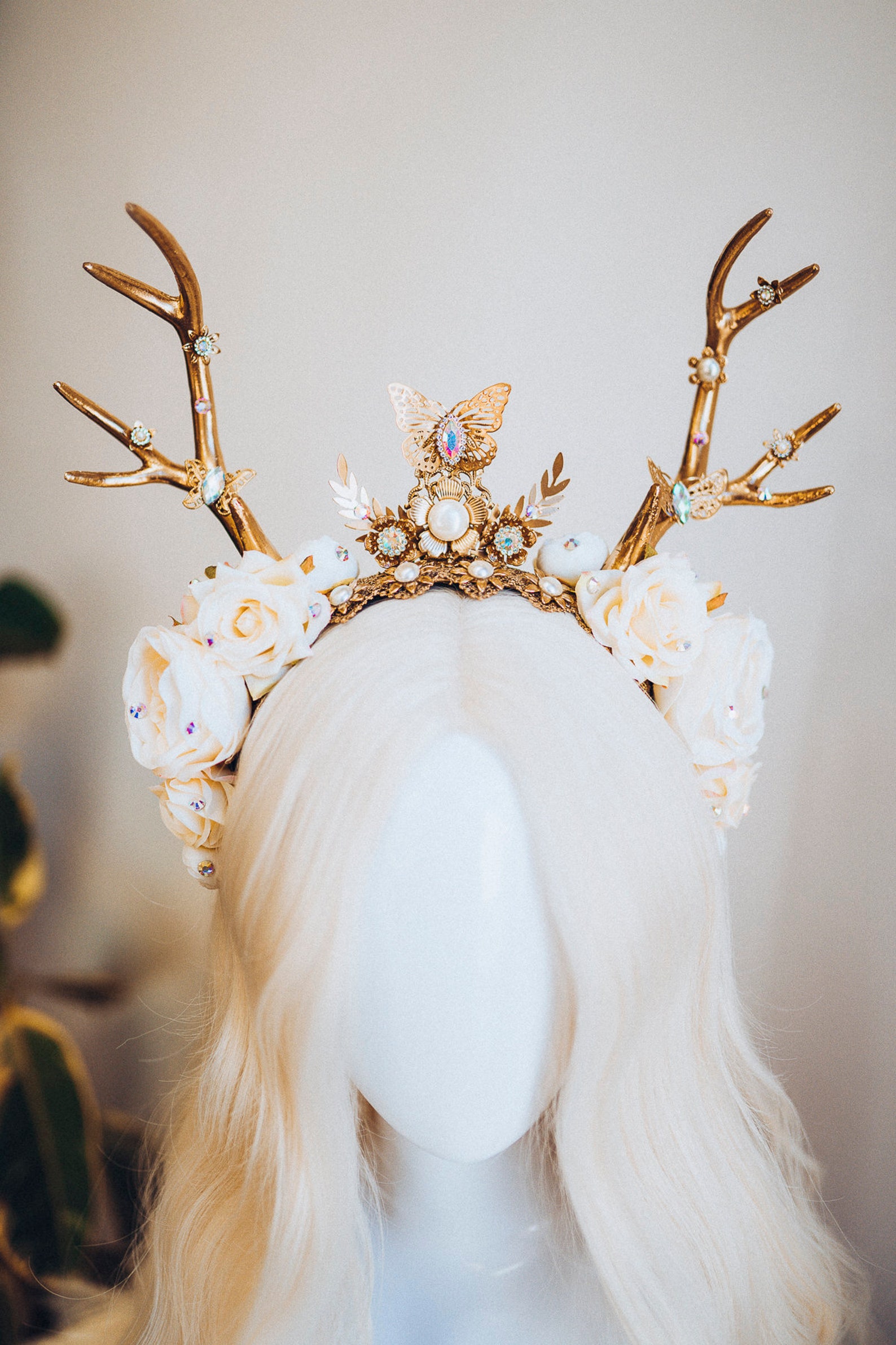 Deer Flower Crown Headband Headpiece Gold Horns Crown - Etsy