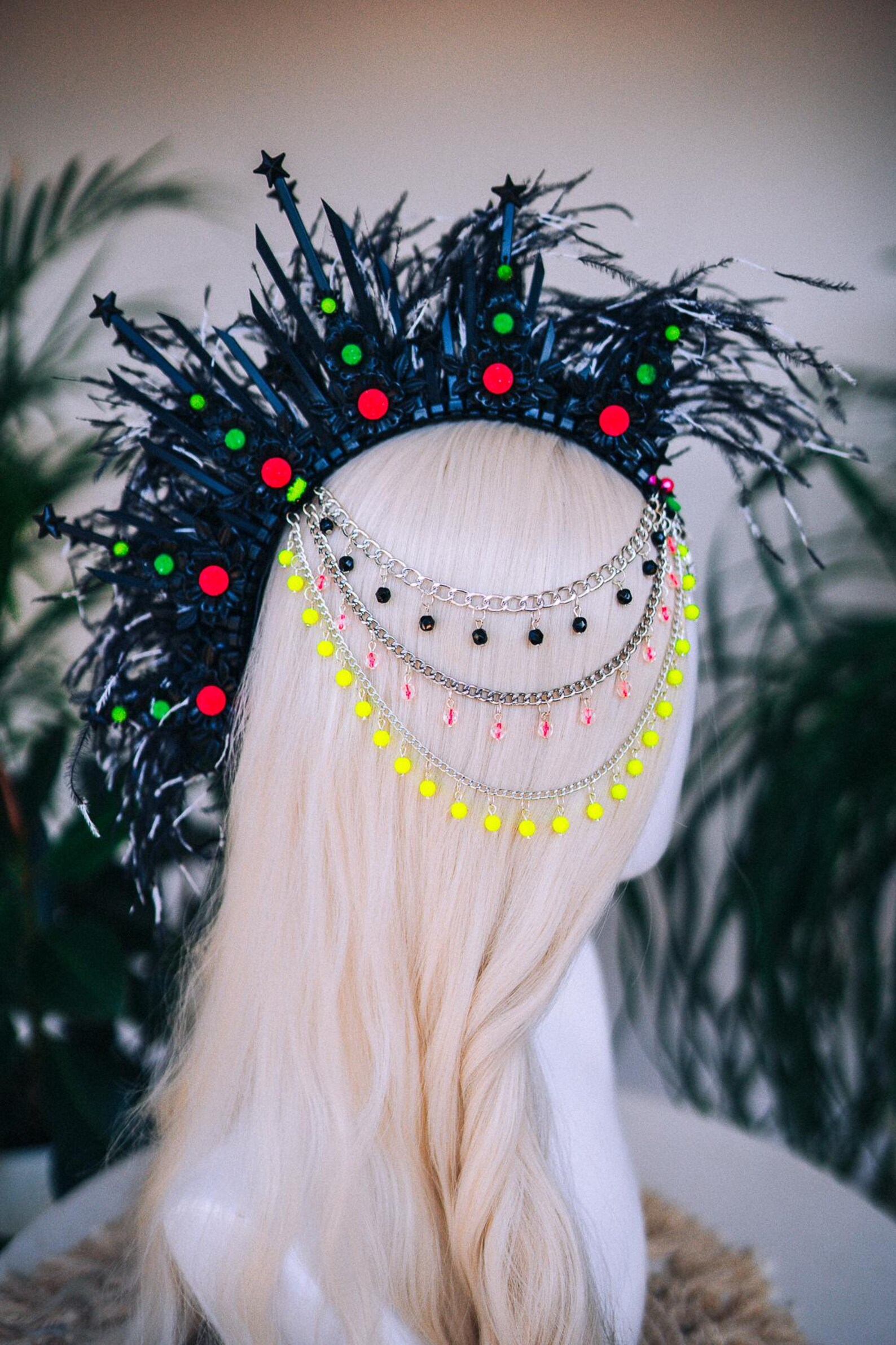 Neon Ritual Crown, UV Blacklight Rave Headpiece, Feather Halo - Etsy