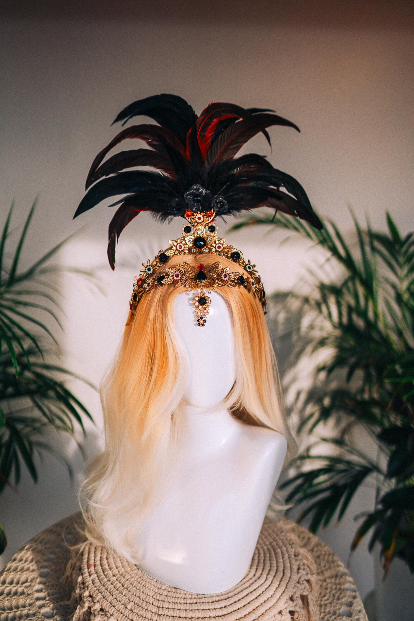 Black Red Goddess Feather Crown Crystal Embellished Luxury Carnival ...