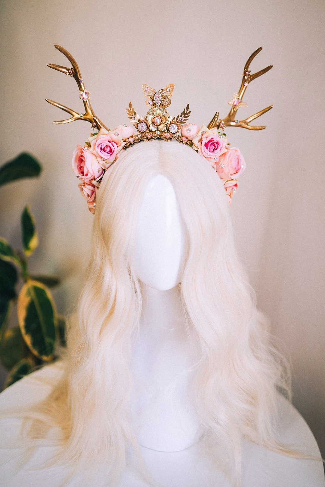 Gold Antler Flower Crown, Pink Floral Headband, Festival Headpiece - Etsy