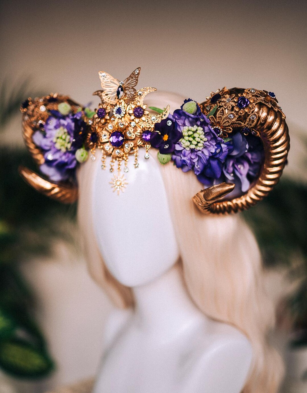 Aries Horn Crown, Purple Floral Ram Tiara, Celestial Headpiece - Etsy