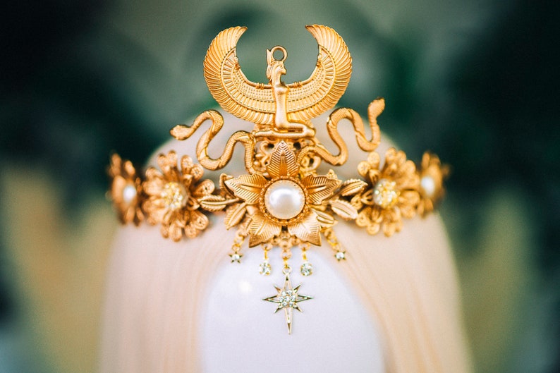 Egyptian Isis Goddess Crown Gold Headdress Celestial Bridal Tiara ...