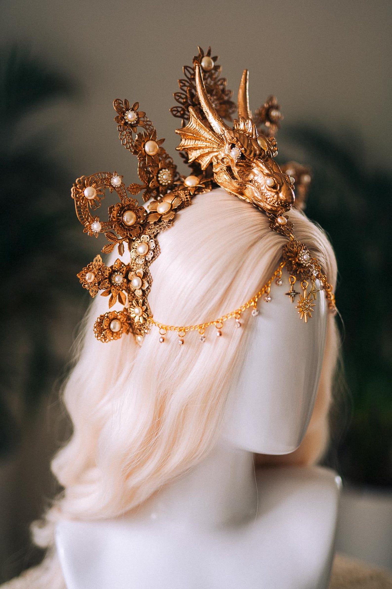 Gold Dragon Crown, Fantasy Headdress, Pearl Tiara, Dragon Costume ...