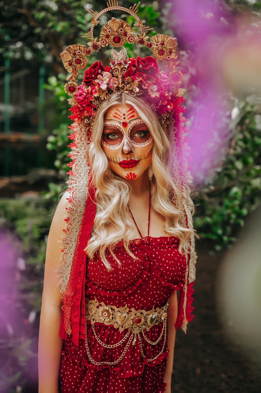 La Catrina Halo Crown, Red Rose Day of the Dead Headpiece - Etsy