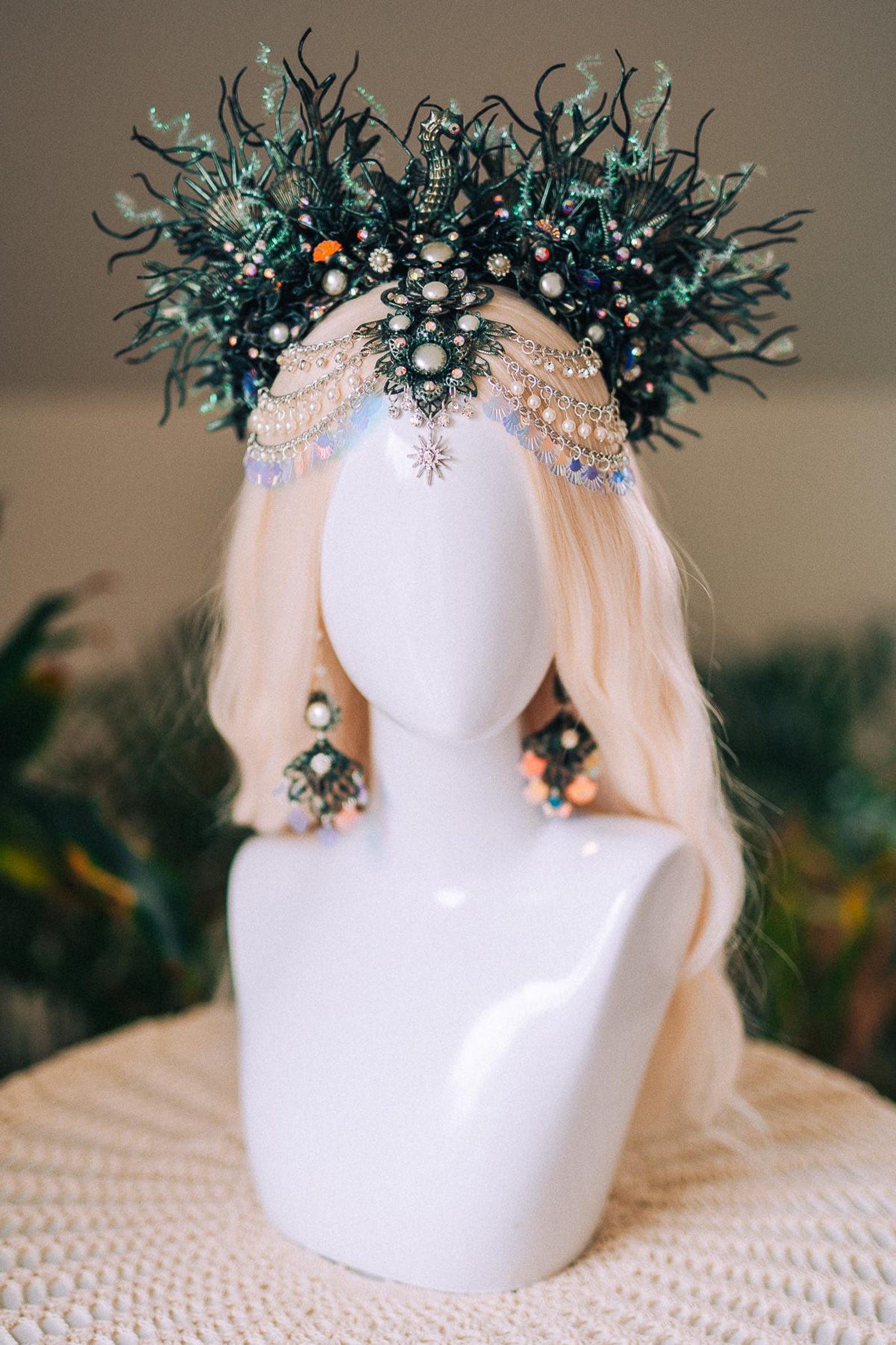 Mermaid Siren Halo Crown Iridescent Green Pearls Sea Goddess Headpiece ...