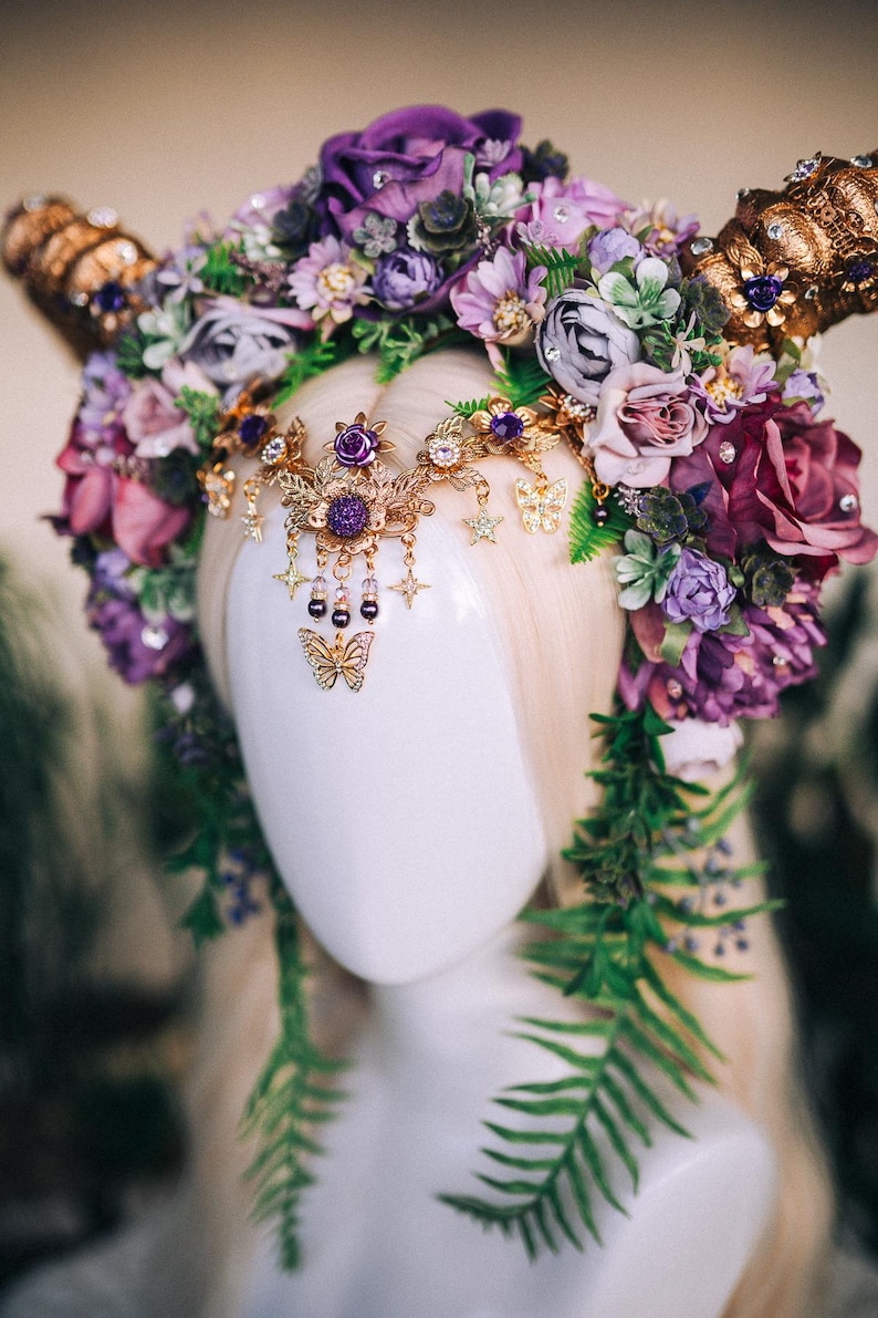 Capricorn Zodiac Horn Crown Floral Celestial Goddess Headpiece ...