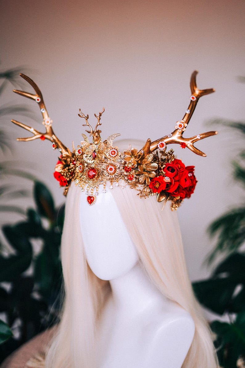 Red Deer Antler Crown, Gold Boho Flower Headpiece - Etsy
