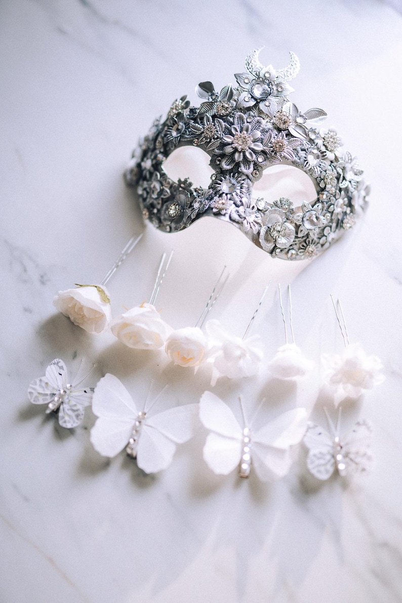 Silver Moon Masquerade Mask, Crystal Floral Venetian Carnival Costume ...