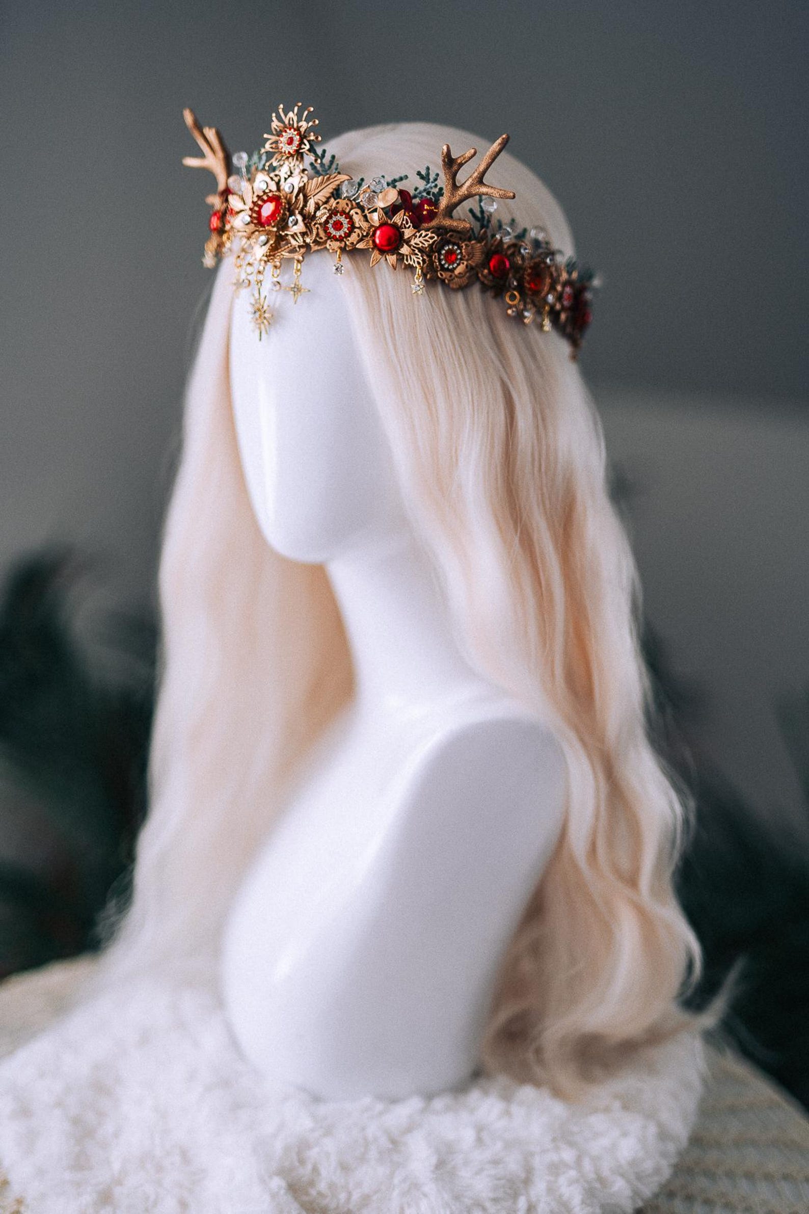 Red Gold Reindeer Christmas Crown Festive Holiday Headpiece Winter ...