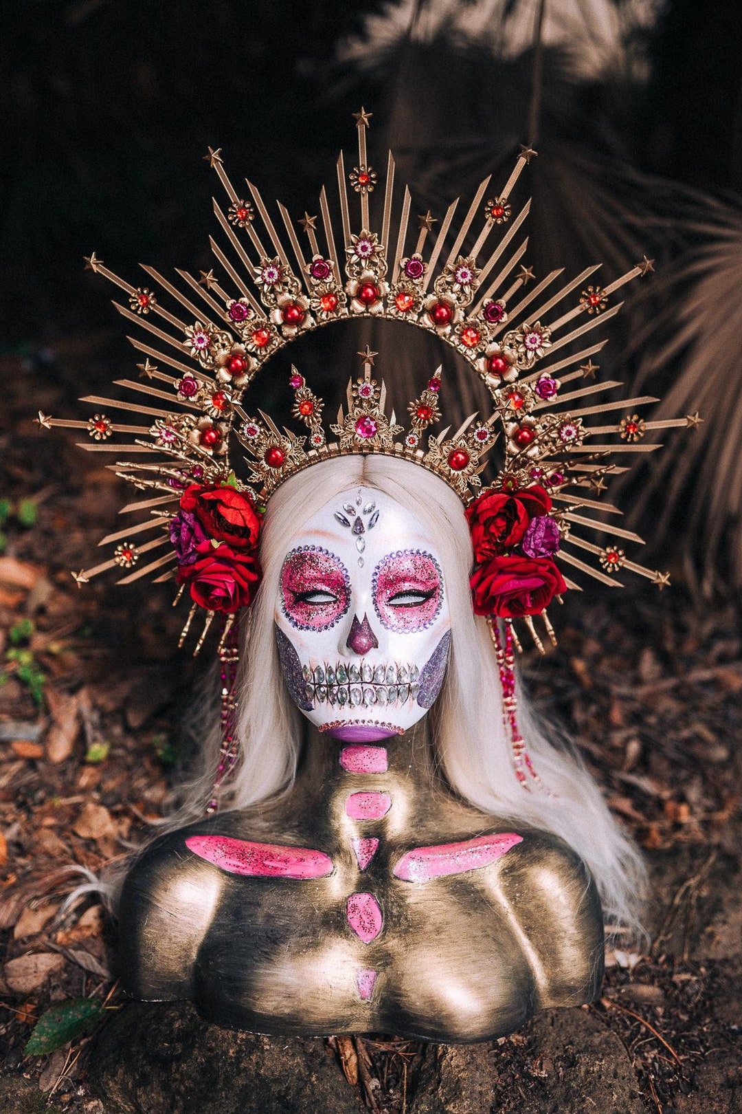 La Catrina Halo Crown, Red Rose Skull Tiara, Gothic Floral Headdress - Etsy