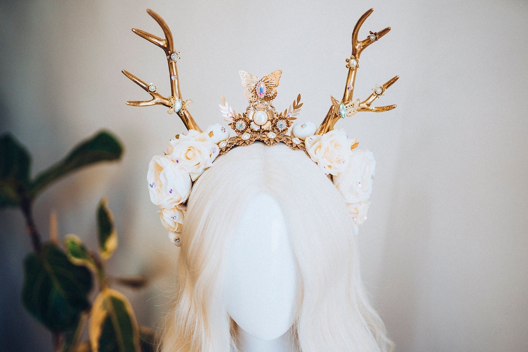 Gold Antler Flower Crown, Beige Tiara, Festival Headpiece - Etsy