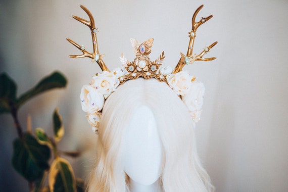 Deer Flower Crown Headband Headpiece Gold Horns Crown - Etsy
