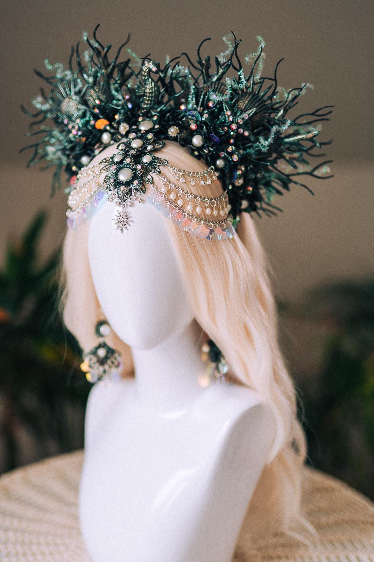 Mermaid Siren Halo Crown Iridescent Green Pearls Sea Goddess Headpiece ...