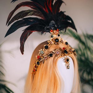 Black Red Goddess Feather Crown Crystal Embellished Luxury Carnival ...
