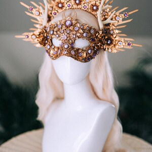 Gold Masquerade Mask Halloween Crown Deer Antler Mask and Crown Set ...
