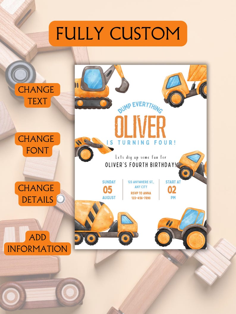 Editable Construction Truck Birthday Invitation | Construction Party ...