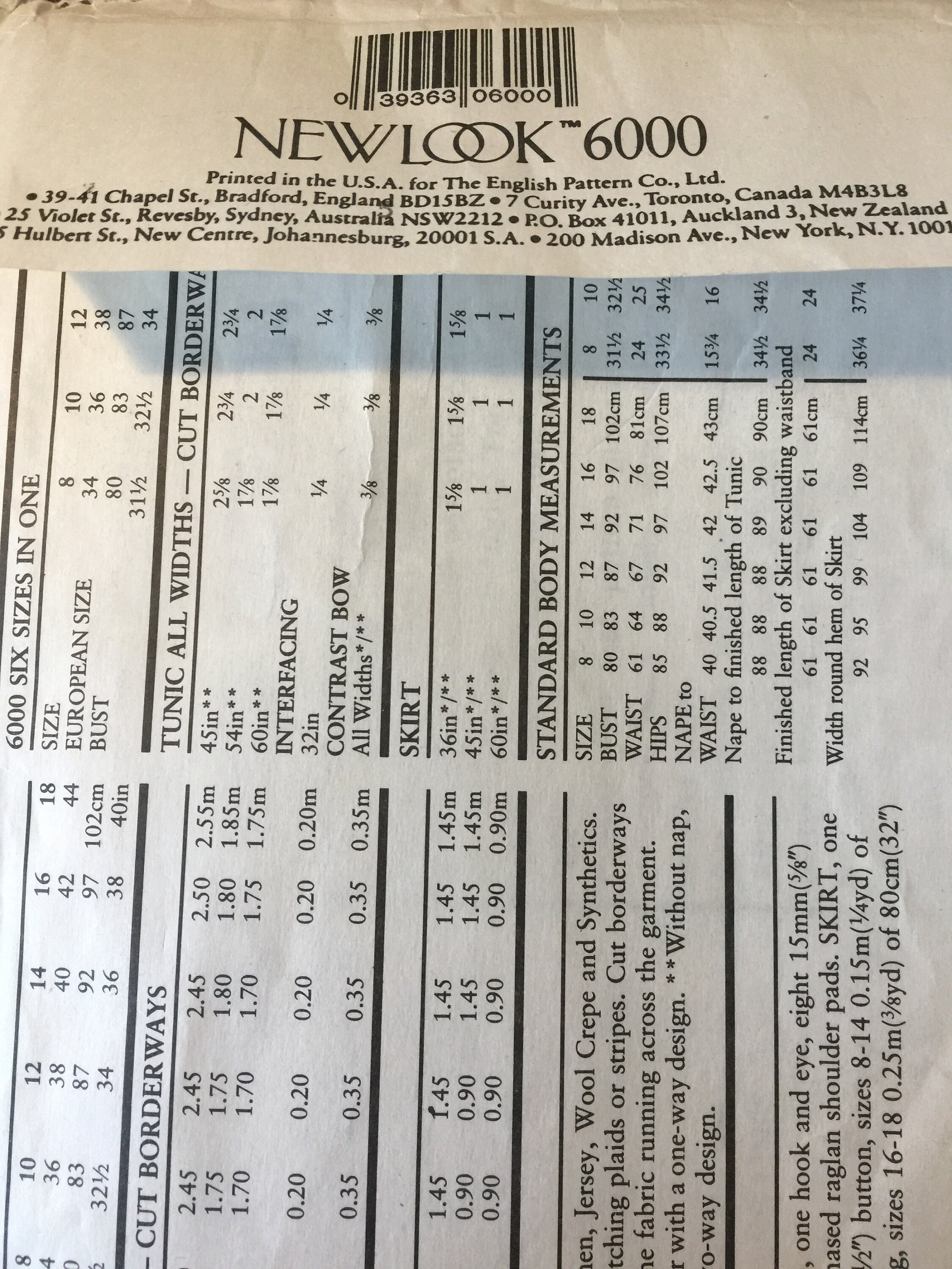 RARE Vintage Uncut Circa 1980s New Look Sewing Pattern No 6000 | Etsy