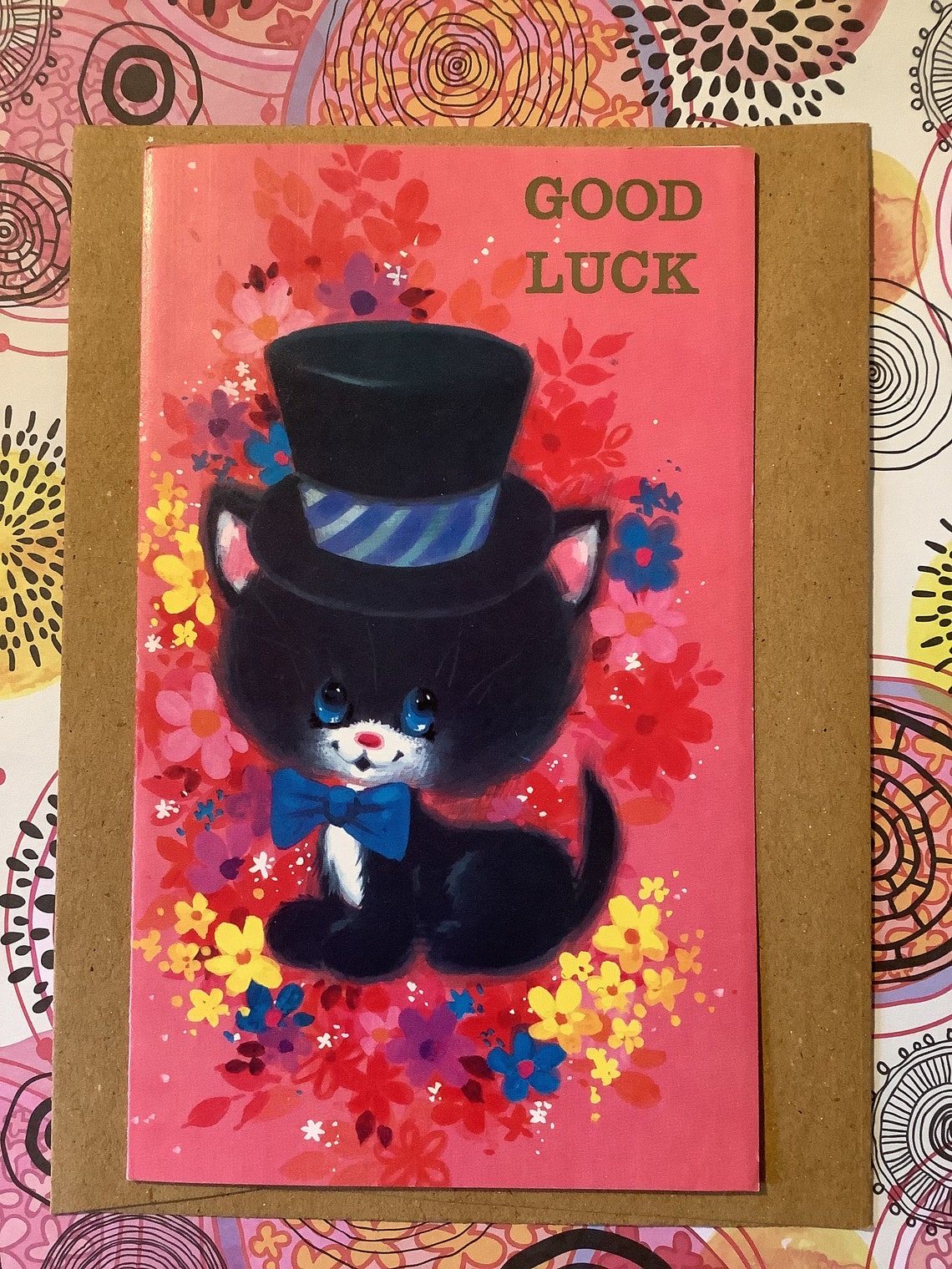 RARE Vintage Circa 1970s Good Luck Card Super Cute Retro Black Cat in a ...