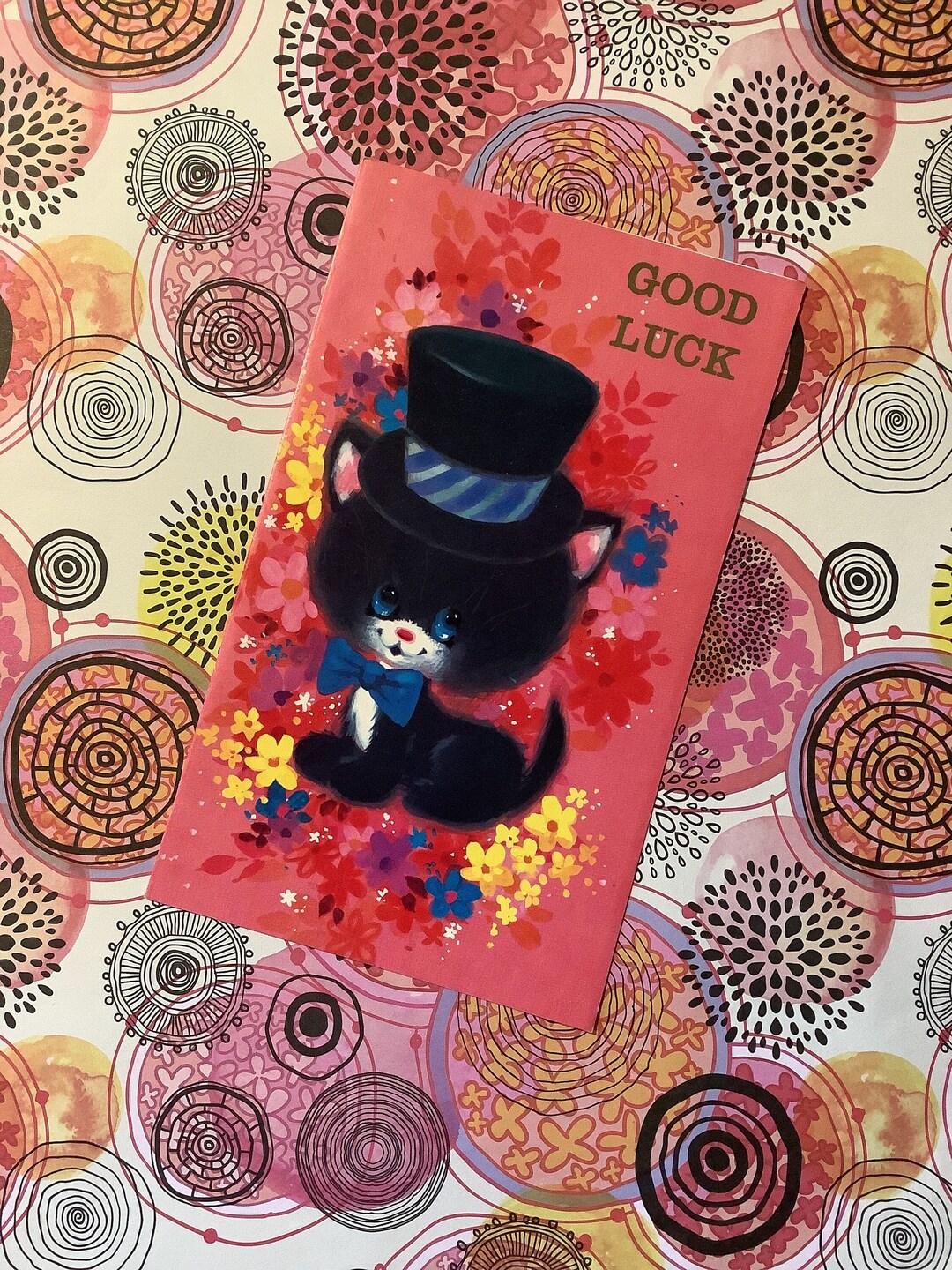 RARE Vintage Circa 1970s Good Luck Card Super Cute Retro Black Cat in a ...