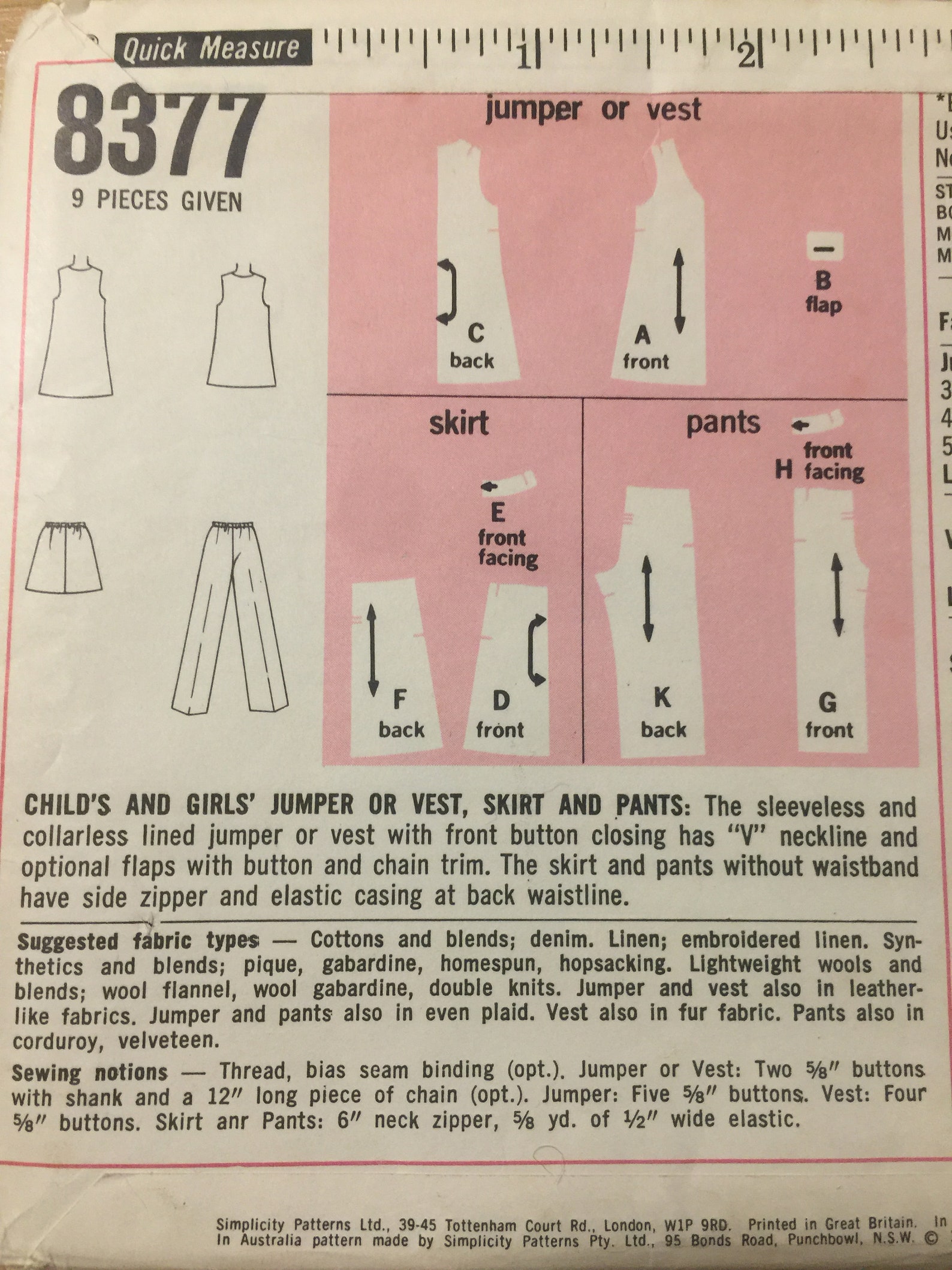 RARE Vintage 1969 Simplicity Pattern No 8377 Child's and | Etsy