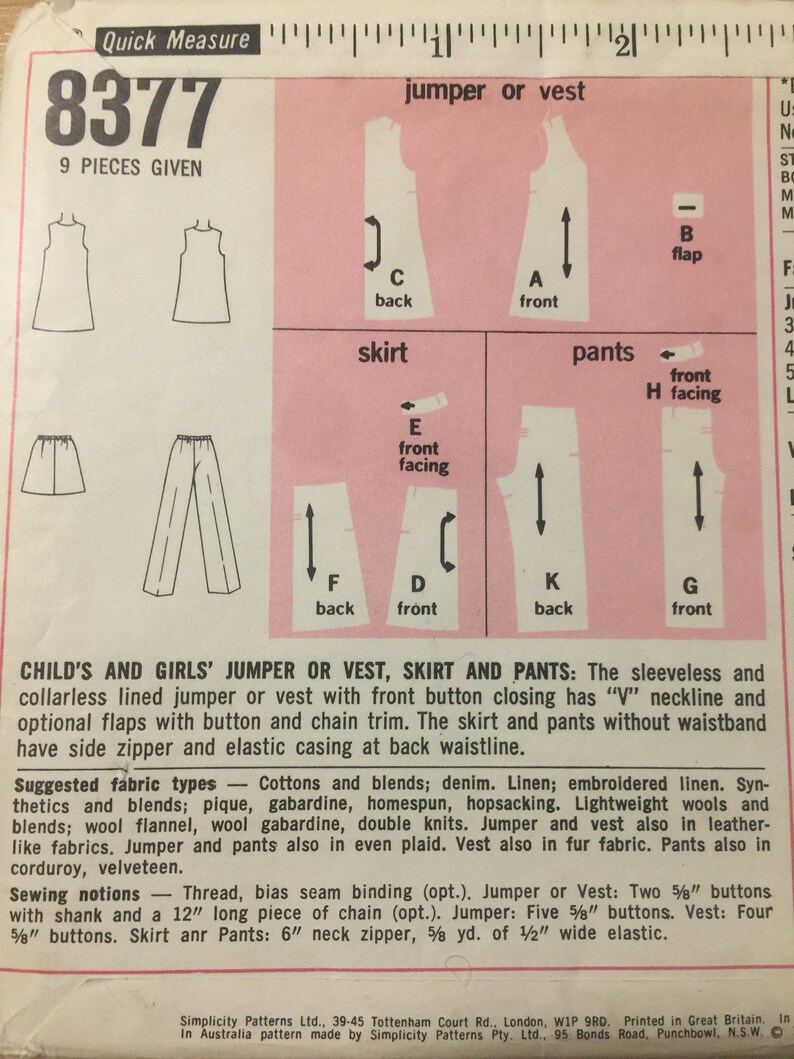 RARE Vintage 1969 Simplicity Pattern No 8377 Child's and | Etsy