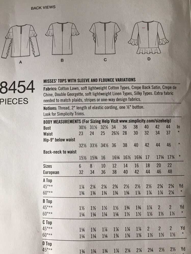 Uncut 2018 Simplicity Sewing Pattern No K8454 for Four Styles - Etsy UK