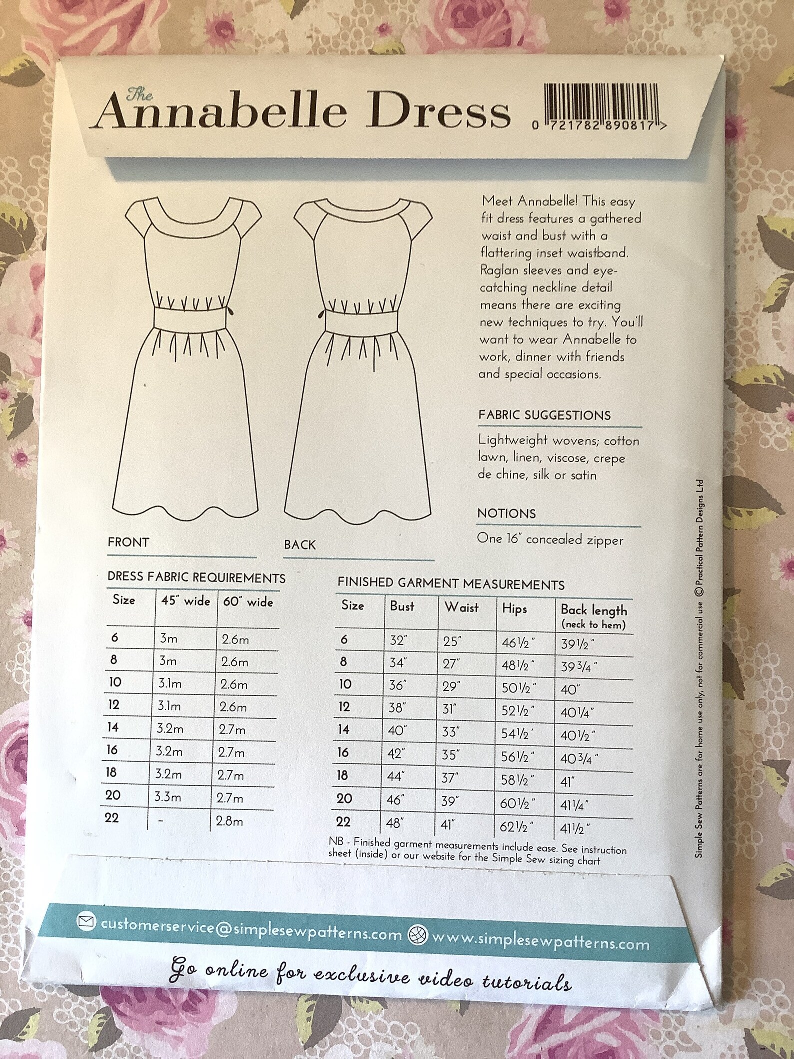 Uncut Simple Sew Sewing Pattern #039 the Annabelle Dress in UK Sizes 6 ...