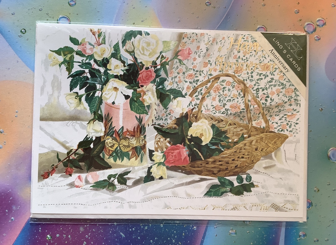 Vintage Circa 1990s Happy Anniversary Card Basket of Roses Design by ...