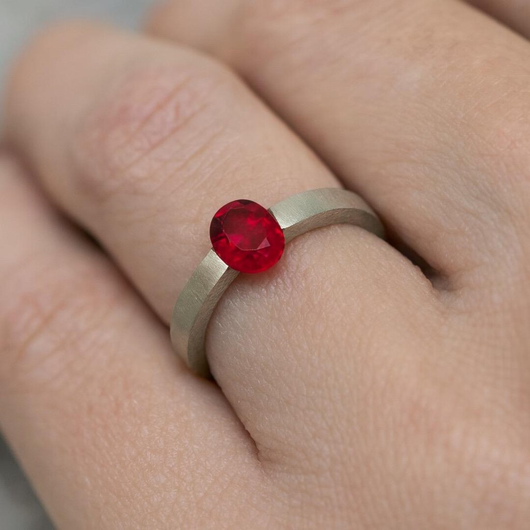 Tension Set Sterling Silver Ring: Oval Ruby, Minimalist Brushed Band - Etsy