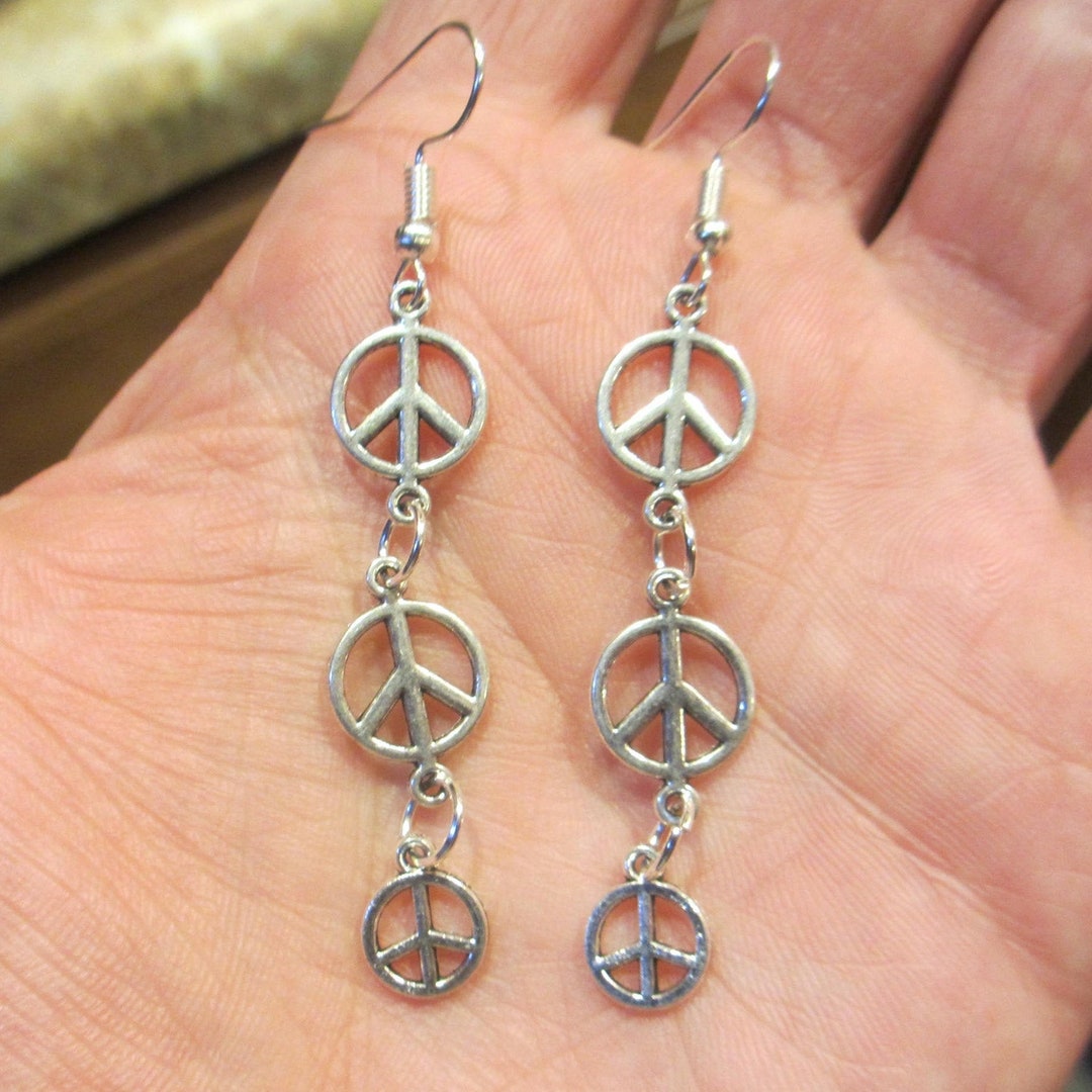 Peace Sign Dangle Earrings: Silver Tone Hippie Jewelry - Etsy