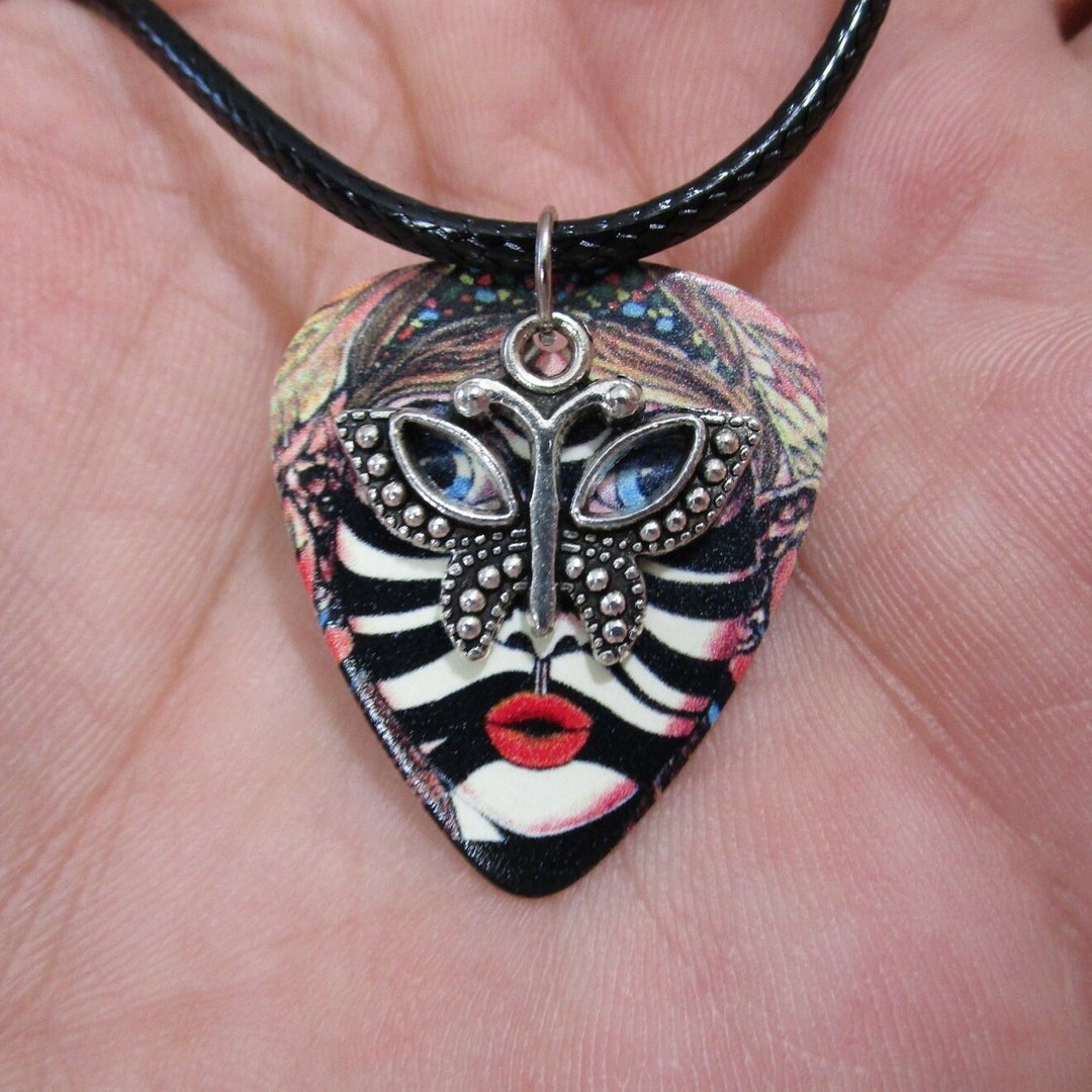 Zebra Queen Guitar Pick Necklace: Butterfly Mask Charm, Hippie Jewelry ...